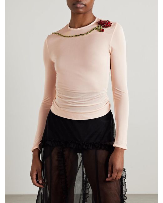 Simone Rocha Crystal-Embellished Stretch-Jersey Top in Natural | Lyst