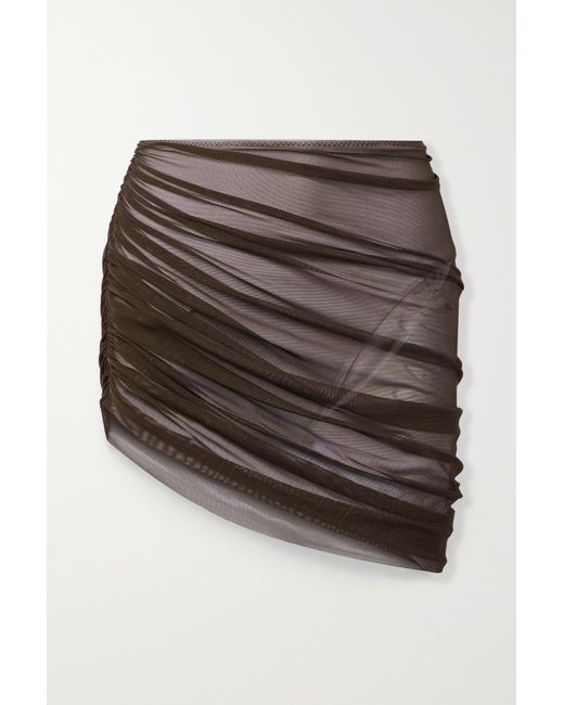 Norma Kamali Diana Asymmetric Ruched Stretch Mesh Skirt In Brown Lyst