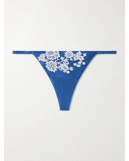 Carine Gilson Lace-Trimmed Silk-Satin Thong in Blue | Lyst UK
