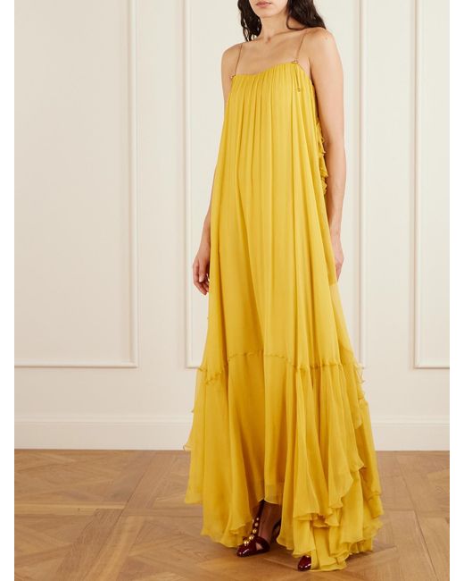 Chloé Asymmetric Embellished Ruffled Organic Silk-Crepon Gown in Yellow ...