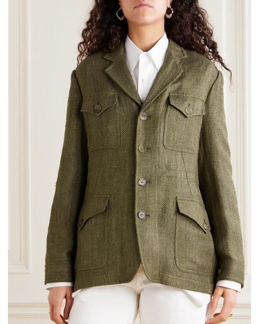 Ralph Lauren Schmitt Herringbone Silk And Linen-Blend Tweed Blazer in Green | Lyst