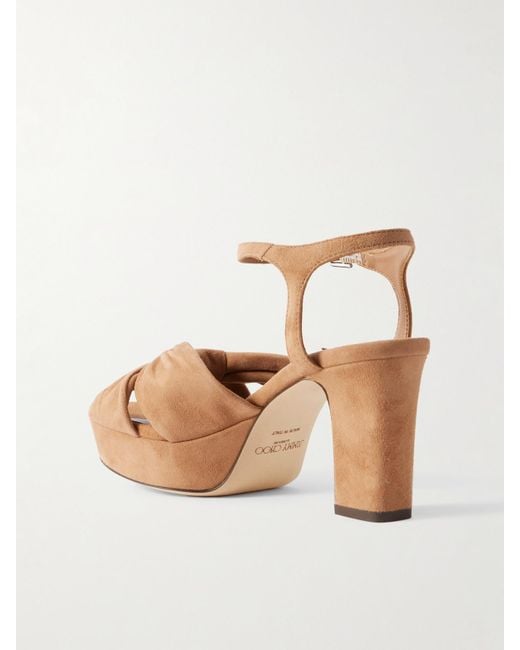 Jimmy Choo Heloise 80 Knotted Suede Platform Sandals in Natural | Lyst