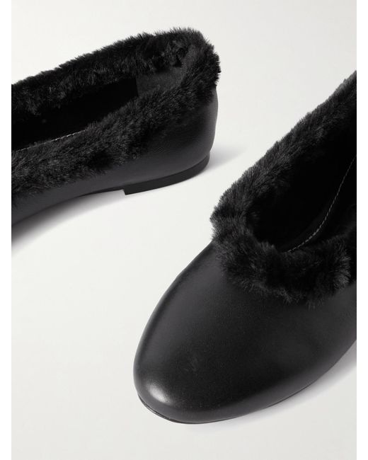 STAUD Faux Fur-Trimmed Leather Ballet Flats in Black | Lyst