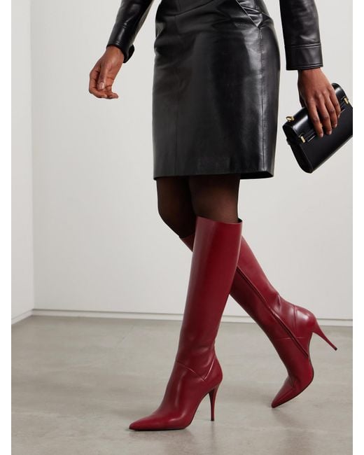 Saint Laurent Vivian Leather Knee Boots in Red | Lyst