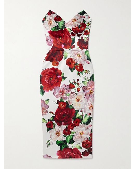 Dolce & Gabbana Strapless Floral-Print Satin Bustier Midi Dress in Red ...