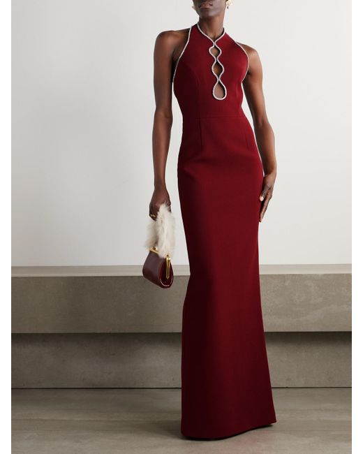 Rebecca Vallance Akari Crystal-Embellished Cutout Cady Halterneck Gown ...