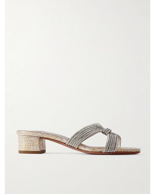 Aquazzura Muse 35 Crystal-Embellished Metallic Leather Mules in Natural ...