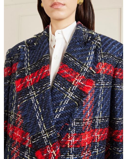Balmain Fringed Checked Tweed Jacket in Blue | Lyst UK