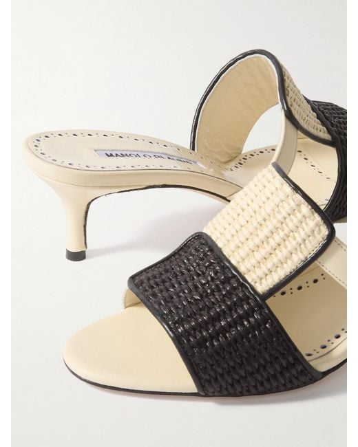 Manolo Blahnik Fabiolamu 50 Cutout Leather-Trimmed Two-Tone Raffia Mules in Natural | Lyst