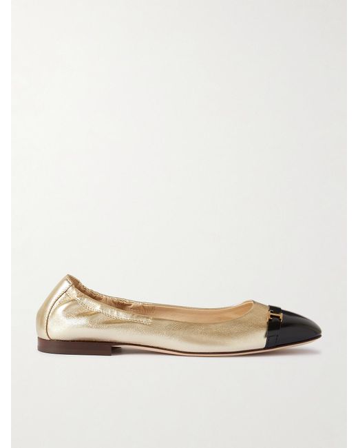 Tod's Embellished Glossed And Metallic Leather Ballet Flats in Natural ...
