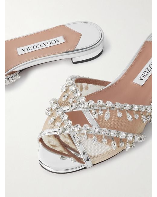 Aquazzura Temptation Crystal-Embellished Mesh-Trimmed Metallic Leather ...