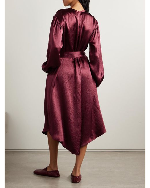 Maria McManus Belted Crinkled-Satin Midi Dress in Red | Lyst