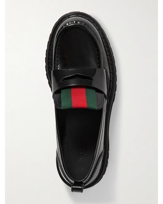 Gucci Thea Webbing-Trimmed Patent-Leather Loafers in Black | Lyst