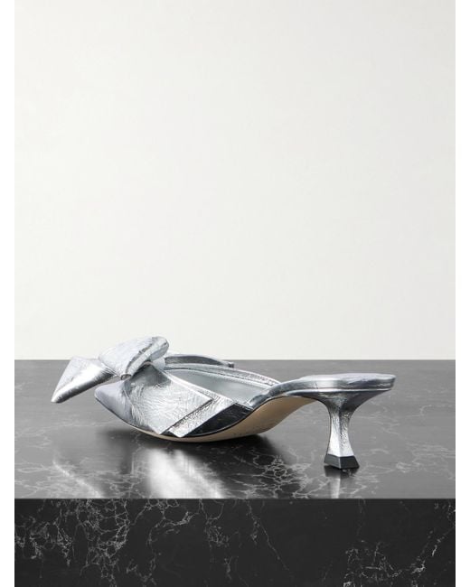 Jimmy Choo Staz 50 Bow-Embellished Metallic Crinkled-Leather Pumps in ...