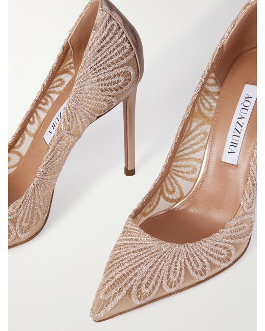 Aquazzura 105 Metallic Leather-Trimmed Chantilly Lace Pumps in White | Lyst