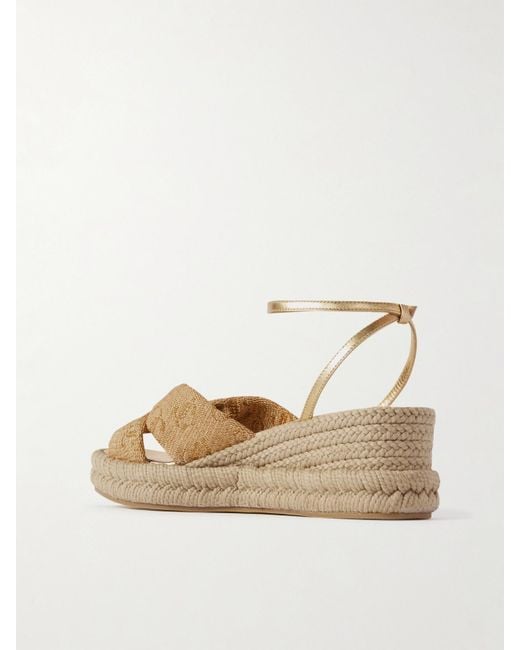 Jimmy Choo Aella 60 Raffia-Jacquard And Leather Wedge Sandals in ...