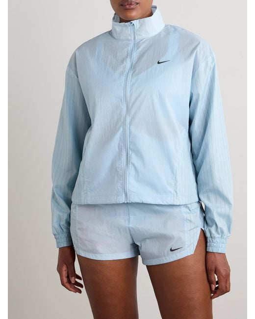Nike Running Division Paneled Pinstriped Crinkled-Shell Jacket in Blue ...