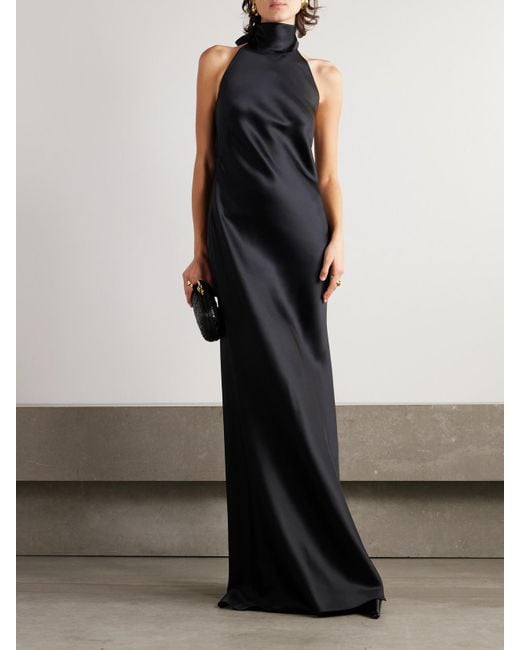 Ralph Lauren Chilton Open-Back Satin Halterneck Gown in Black | Lyst