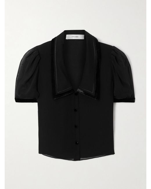 FRAME The Sailor Velvet-Trimmed Silk-Chiffon Blouse in Black | Lyst UK