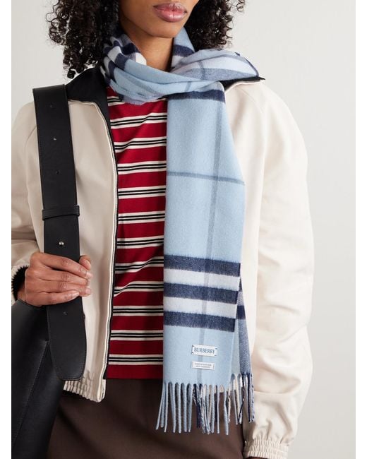 Burberry Fringed Checked Cashmere Scarf in Blue | Lyst