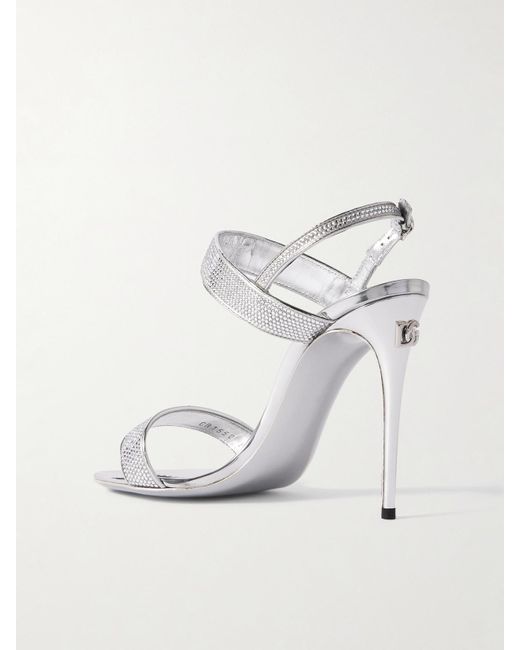 Dolce & Gabbana Crystal-Embellished Satin And Metallic Leather Sandals in White | Lyst