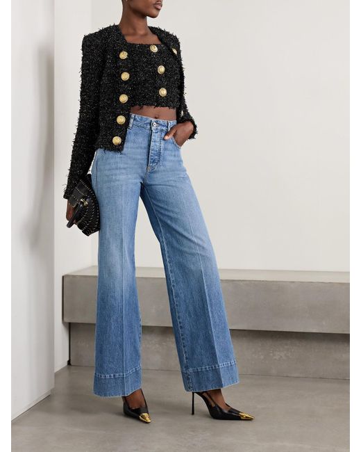 Balmain Cropped Button-Embellished Sequined Metallic Bouclé-Tweed Top ...
