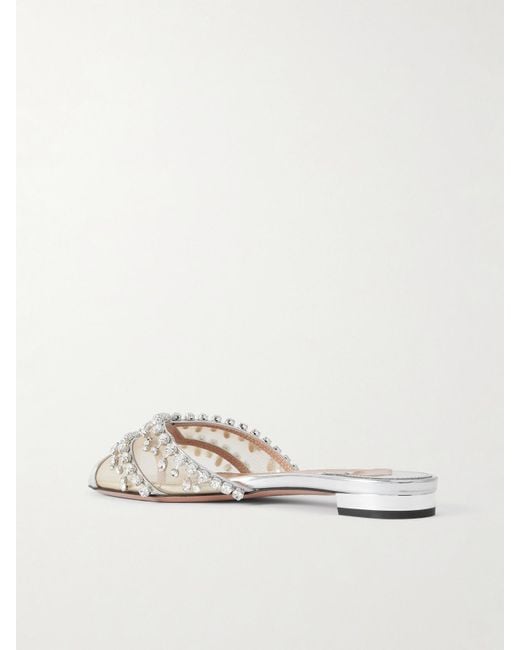 Aquazzura Temptation Crystal-Embellished Mesh-Trimmed Metallic Leather ...