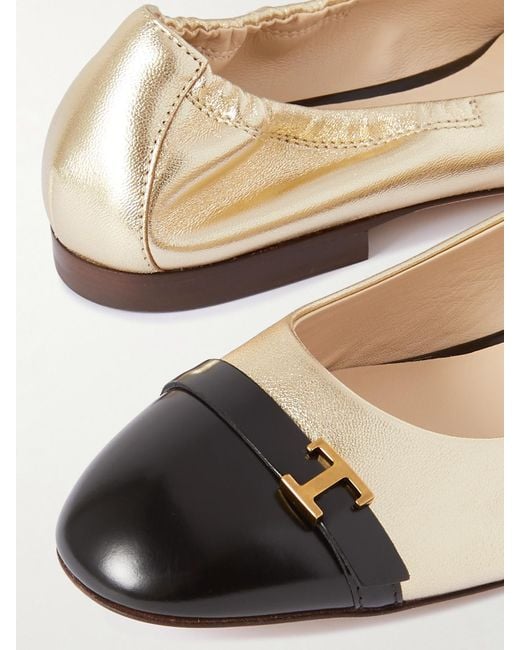 Tod's Embellished Glossed And Metallic Leather Ballet Flats in Natural ...