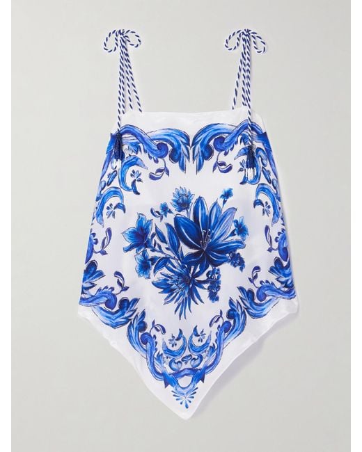 FARM Rio Garden Tiles Bead-Embellished Printed Satin Tank in Blue | Lyst