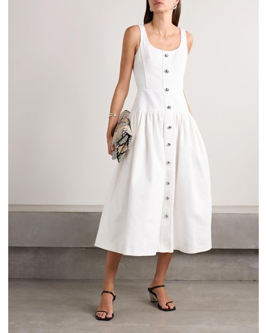 Adam Lippes Cassie Button-Embellished Denim Midi Dress in White | Lyst