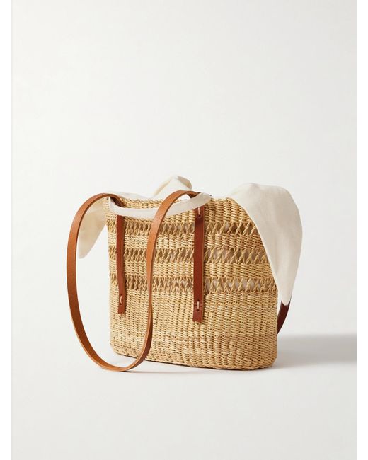 Muuñ Bicro Micro Leather-Trimmed Woven Straw Tote in Natural | Lyst
