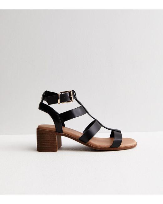 New Look Leather-Look Footbed Mid Block Heel Gladiator Sandals in Black ...