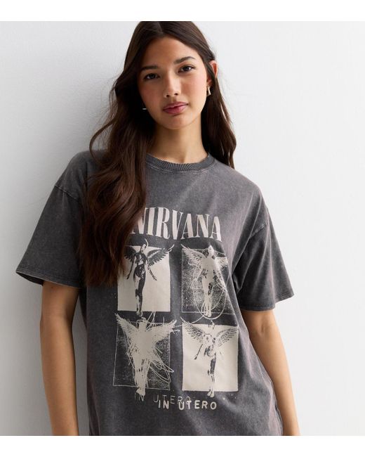 New Look Dark Acid Wash Cotton Nirvana Logo Oversized T-Shirt in Black | Lyst UK