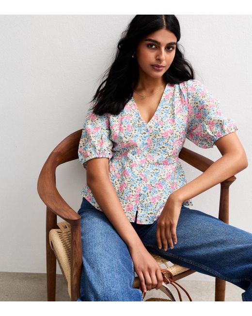 New Look Floral Print Creased Texture Tea Blouse in Blue | Lyst UK