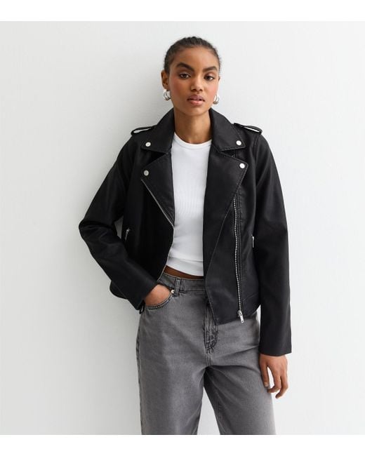New Look Tall Leather-Look Biker Jacket in Black | Lyst UK