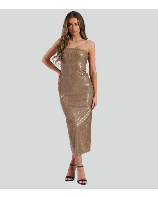 Finding Friday Sequinned Strapless Midi Dress New Look in Metallic ...