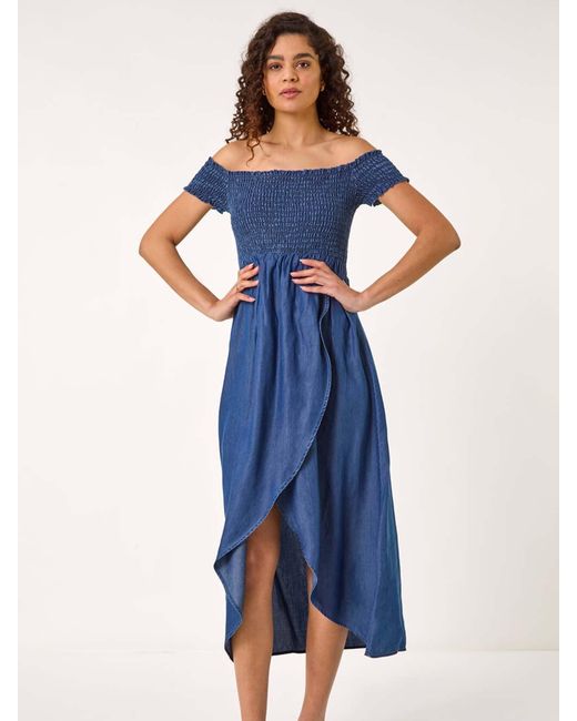 Roman Denim Bardot Shirred Maxi Dress in Blue | Lyst