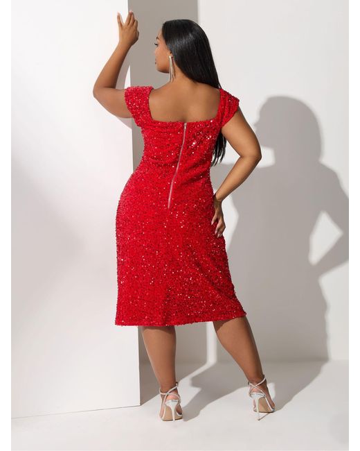 Yours Curve London Sequin Velvet V Bardot Dress in Red | Lyst