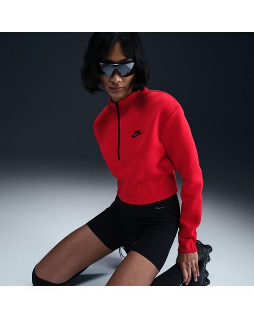 Nike Sportswear Tech Fleece Cropped 1/2-Zip Top in Red | Lyst