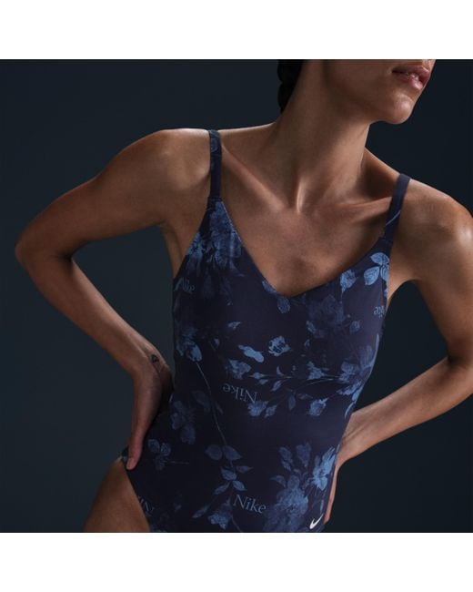 Nike Swim V-Neck One-Piece in Blue | Lyst