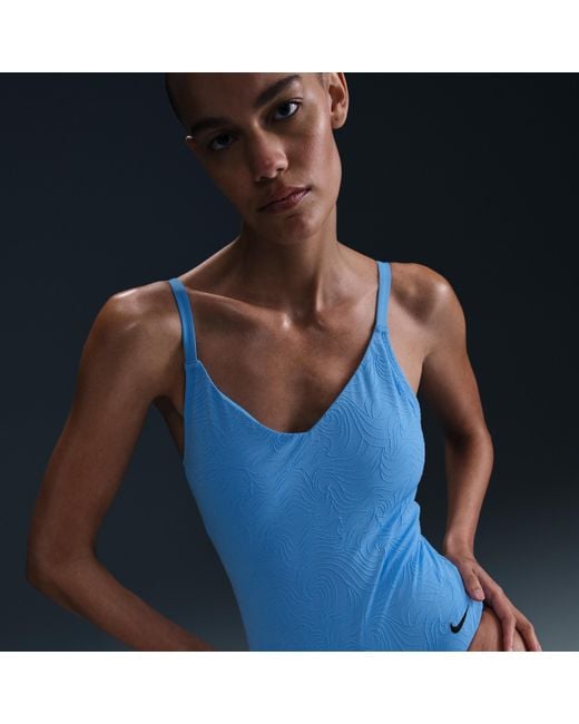 Nike Swim Water Texture V-Neck One-Piece in Blue | Lyst