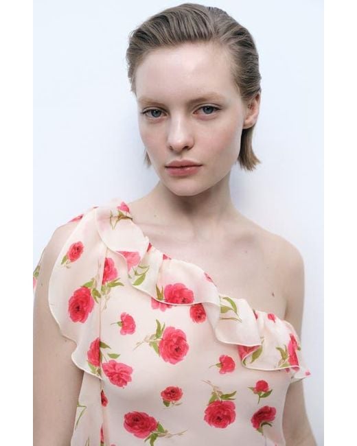 Mango Rose Ruffle One-Shoulder Maxi Dress in Red | Lyst