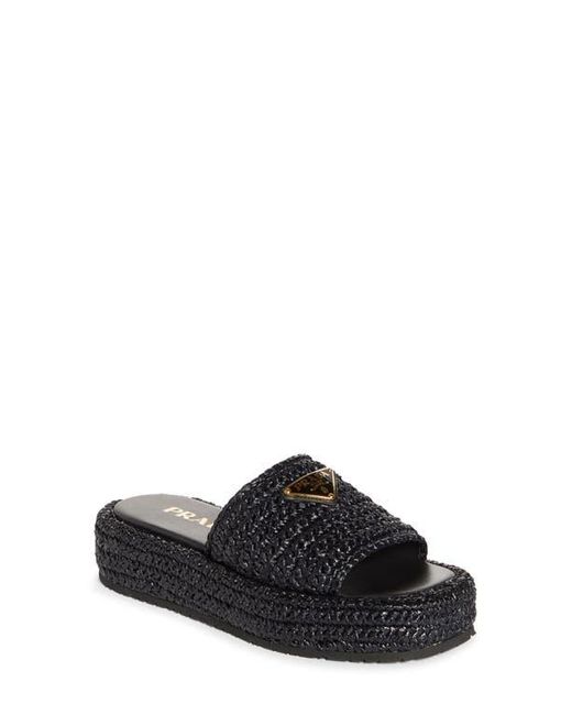 Prada Raffia Flatform Slide Sandal in Black | Lyst