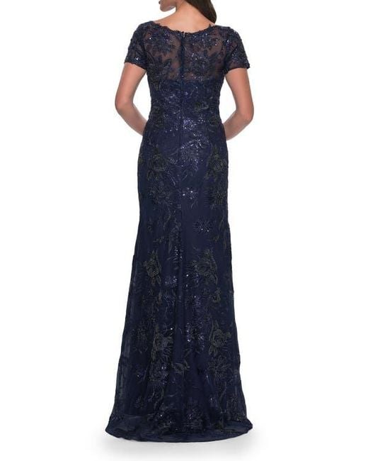 La Femme Gorgeous Beaded Long Gown With Short Sleeves And V Neck in ...
