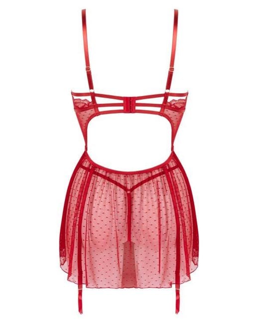 Hunkemöller Billie Dot Mesh & Lace Chemise & G-String Set in Red | Lyst