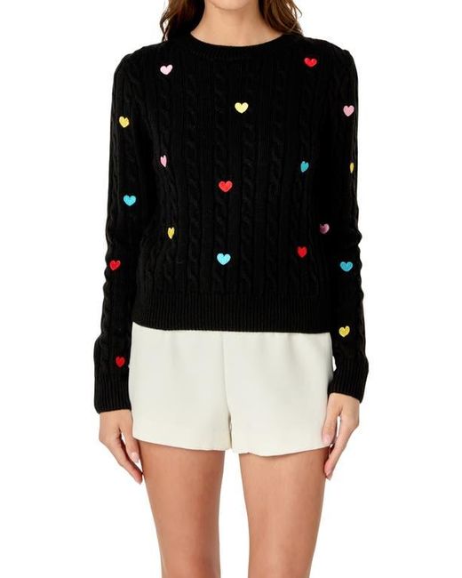 English Factory Heart Embroidered Cable Stitch Sweater in Black | Lyst