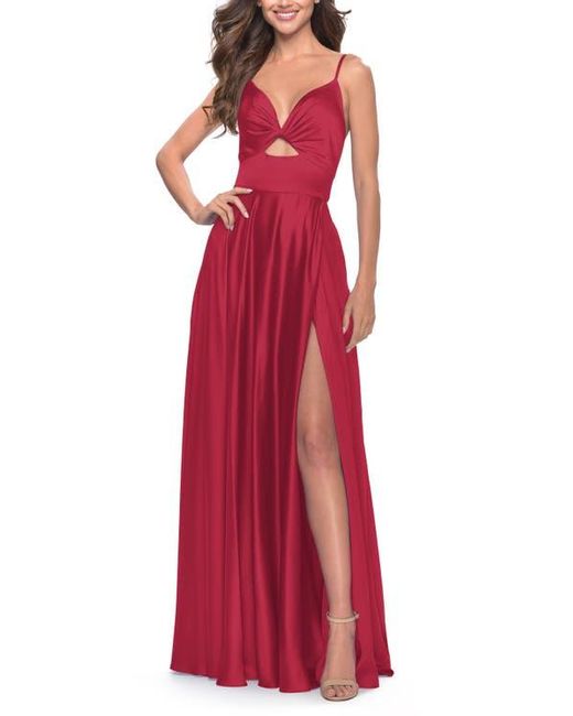 La Femme Satin A-Line Gown With Cut Out And Twist Bodice in Red | Lyst
