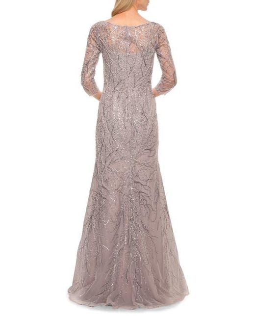 La Femme Stunning Lace Beaded Gown With Illusion Sleeves in Purple | Lyst
