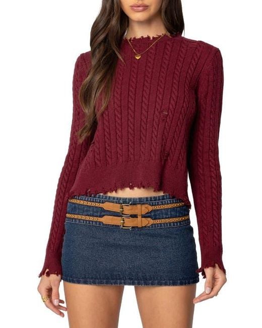 Edikted Split Back Cable Stitch Crewneck Sweater in Red | Lyst