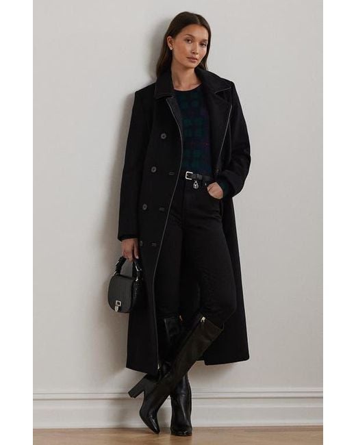Ralph Lauren Double Breasted Wool Blend Trench Coat in Black | Lyst